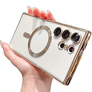 SZXYCZL Samsung Galaxy S23 Ultra 5G MagSafe Case, 6.8" Gold TPU Bumper with Clear Camera Lens Protector & Wireless Charging Compatibility