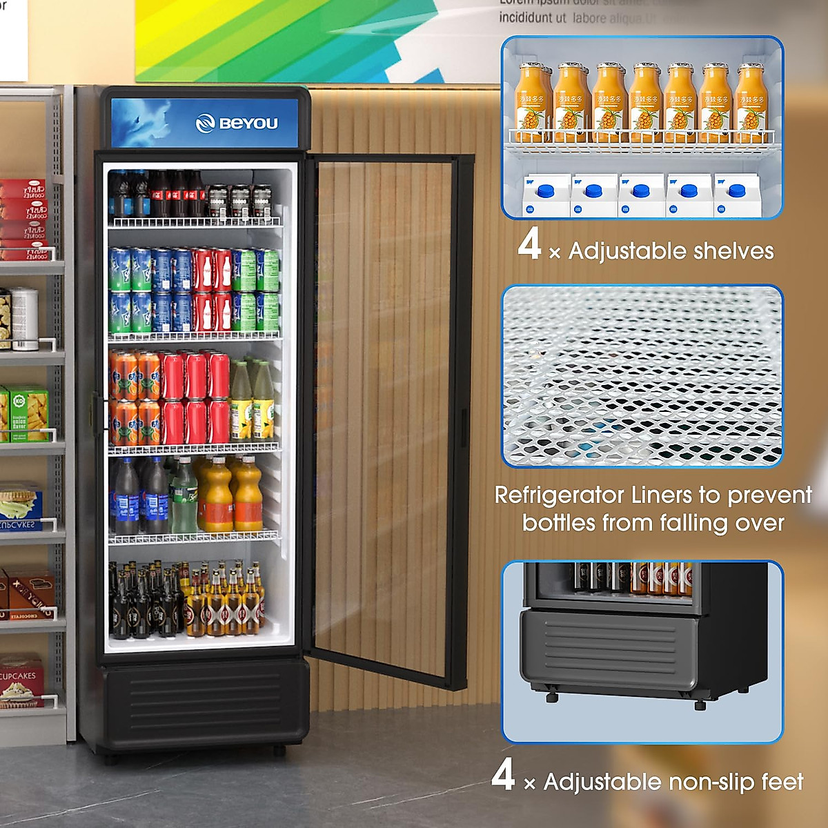 BEYOU Commercial Refrigerator, 12.2 cu. Ft Upright Beverage Display Merchandiser with single Glass Door, Drink Cooler for Living Room,Bar,Garage（Black）