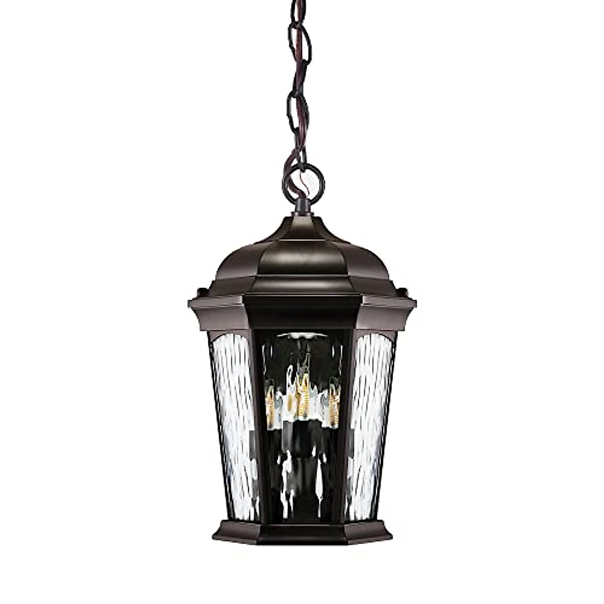 Euri Lighting EHL-130W-MD, Flickering Flame Hanging Lantern, Water Glass, with Integrated Security Light (3000K), Wall Switch Selectable Function, Water Glass, Oil Rubbed Bronze Housing