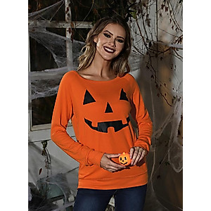 Halloween Womens Shirts Pumpkin Sweatshirts Casual Pullover Orange Tops Jack-O-Lantern XL