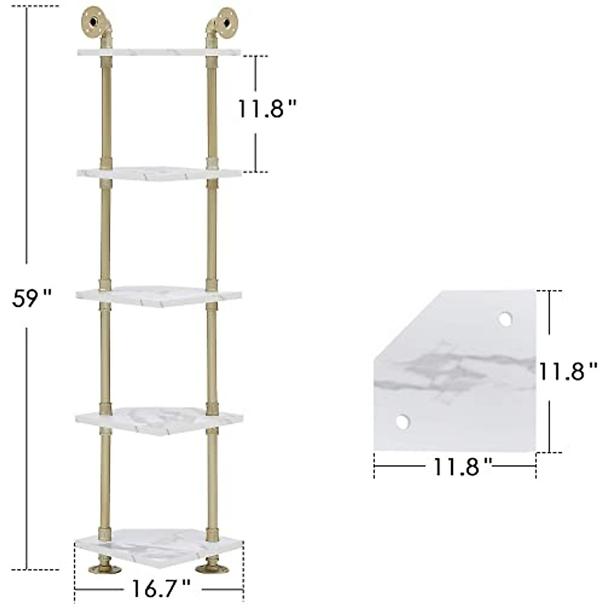 ivinta Corner Bookshelf with Storage, Wall Mount Pipe Shelves, White Corner Shelf Stand, Gold Metal Décor Bookcase, Modern Shelf Organizer Display Stand Rack for Bedroom, Bathroom, Living Room