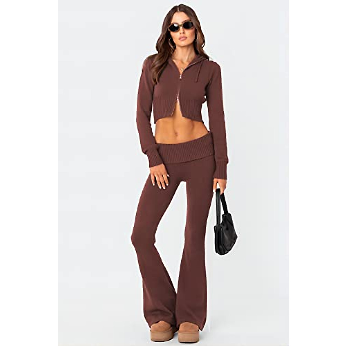 Zhiyouni Women's Kintted 2 Piece Outfits Long Sleeves Zip Up Hooded High Waist Skinny Pants Set Loungewear (Brown-L)
