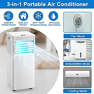 COSTWAY 10000 BTU Portable Air Conditioner with Remote Control, Energy Efficient for Rooms Up to 400 Sq. Ft, Cooling, Dehumidifying, 3 Fan Speed Settings, Clear LED Display, White-Update