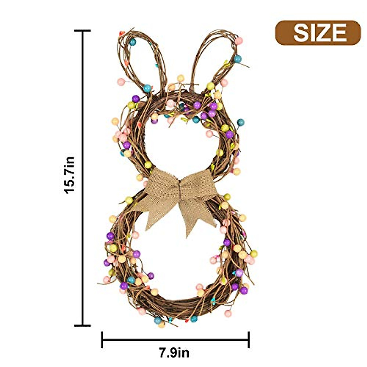 Artflower Easter Bunny Spring Wreath Artificial Grapevine Wreath Pendant Bunny-Shaped Twig Decor with Berries Pastel Handmade Rattan Rabbit Beads Wreath for Front Door Home Garden DIY Wall Decor