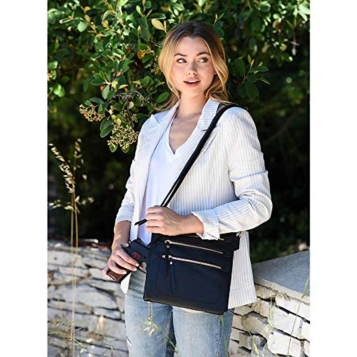 Double Compartment Multi-Zipper Triple Zip Pockets Concealed Carry Crossbody Bag with Lock and Key | Black