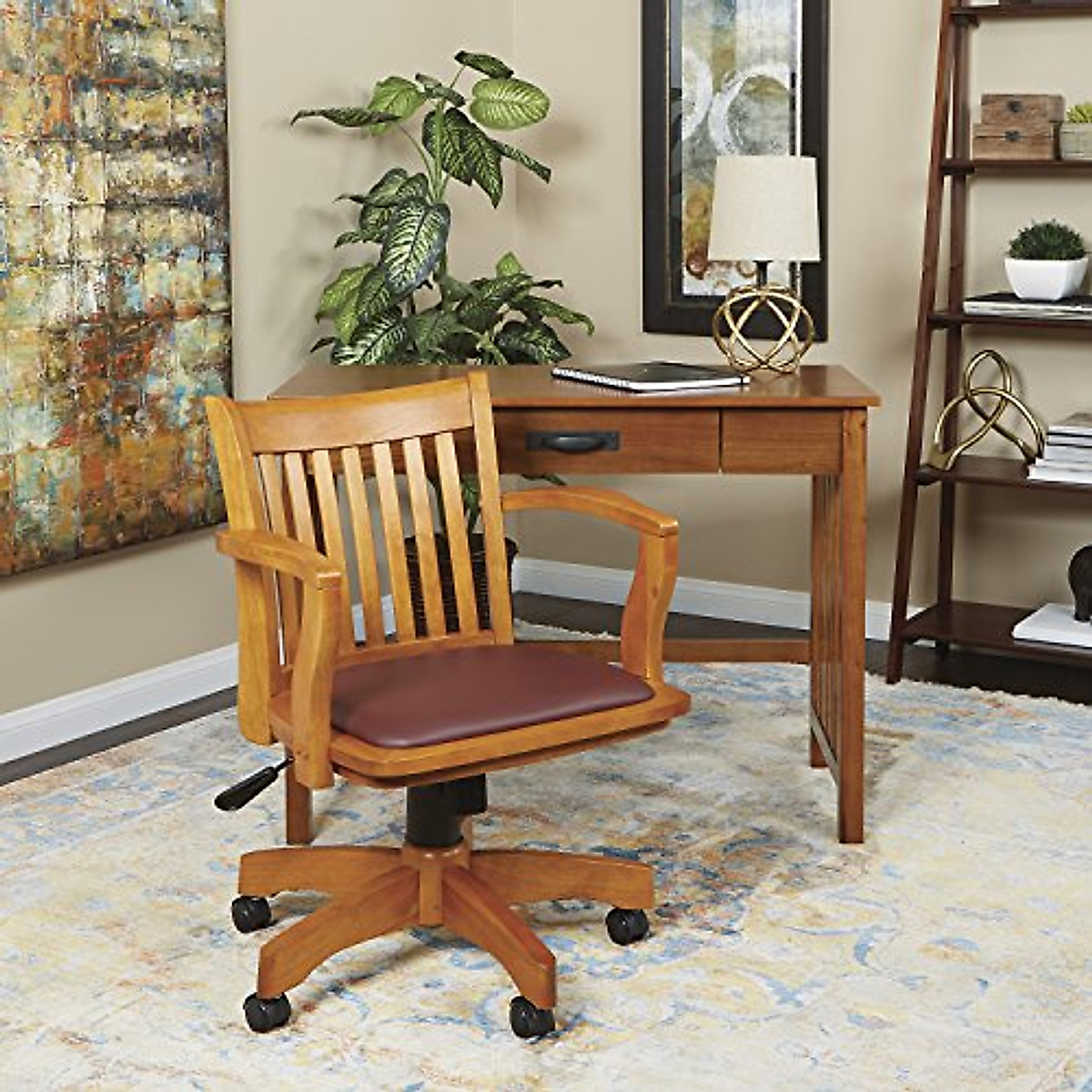 OSP Home Furnishings Deluxe Wood Banker's Desk Chair with Padded Seat, Adjustable Height and Locking Tilt, Fruitwood Finish and Brown Vinyl