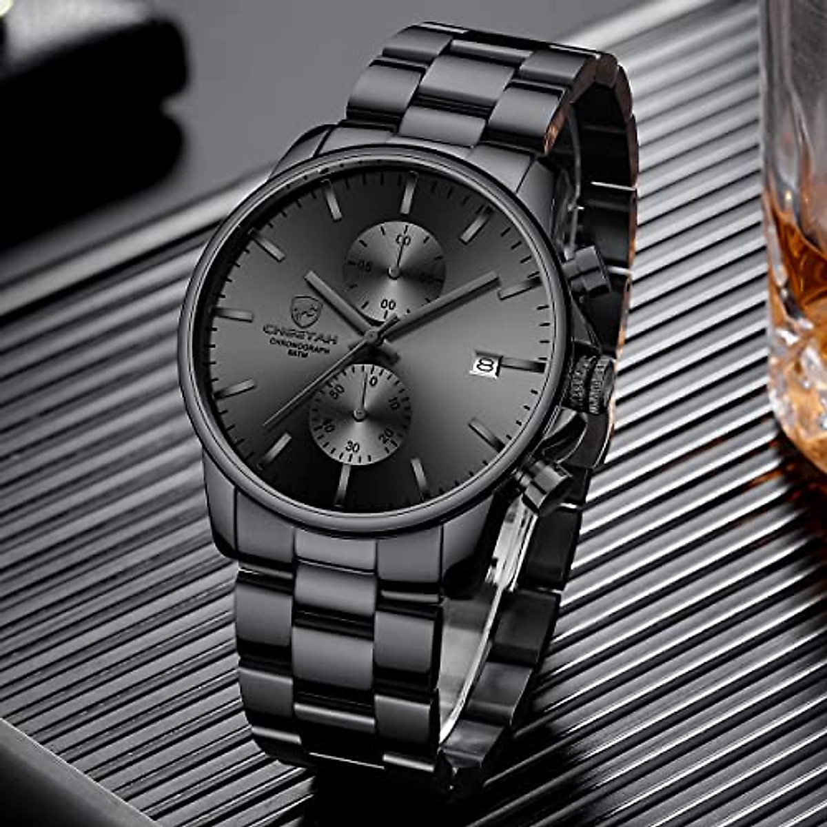 GOLDEN HOUR Men's Watches with Stainless Steel and Metal Casual Waterproof Chronograph Quartz Watch, Auto Date in Grey Hands