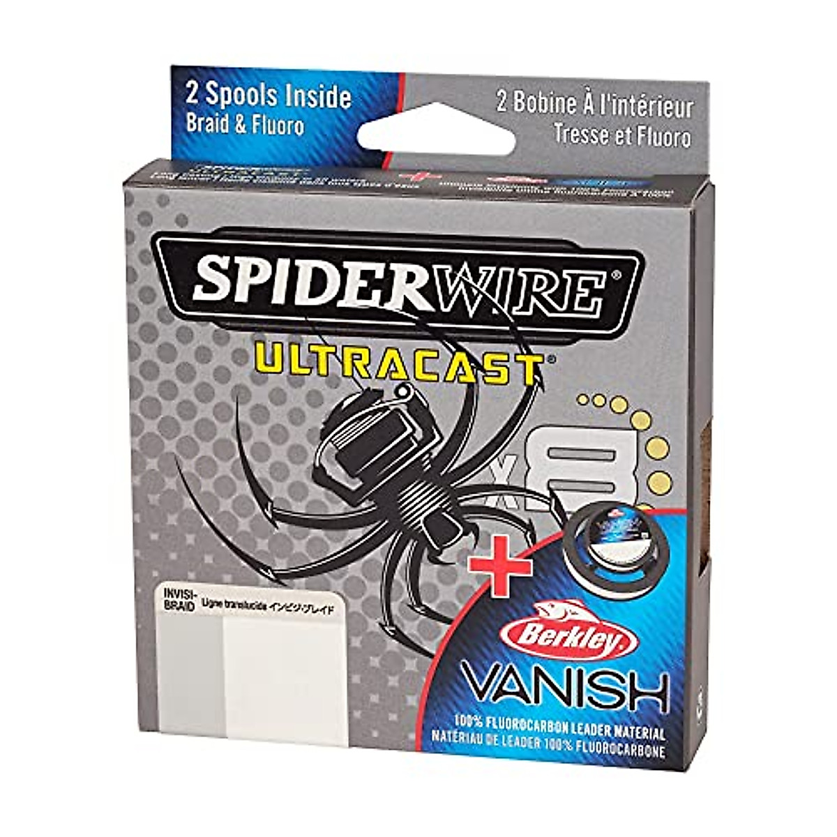 SpiderWire Ultracast Braid Vanish Fluorocarbon Dual Spool, 30lb Translucent Braid with 50lb Clear Fluoro Leader, 164yd | 150m