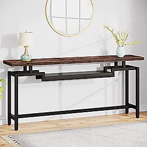 Tribesigns 70 inch Sofa Table, Narrow Long Console Table with 2 Tiers, Industiral TV Console Behind Couch Table with Storage for Entryway, Living Room, Brown & Black