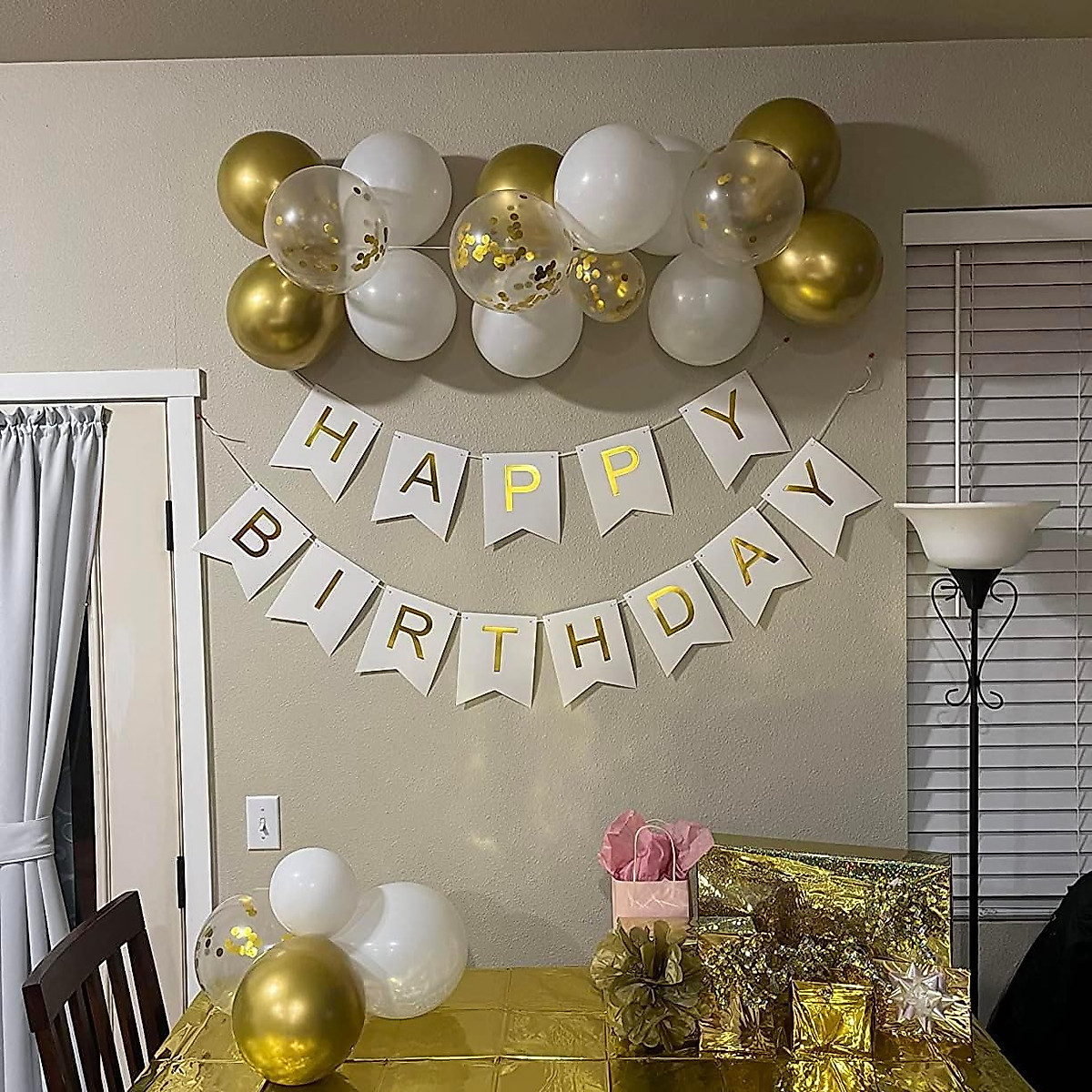 White Happy Birthday Banner With Shiny Gold Letters, Swallowtail Design Hanging Signs Party Decorations