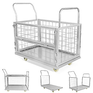 Platform Truck Cart with Cage,5IN1 Multi-Functional Cage Cart,Heavy Duty Flatbed Cart Load 2500LBS,40"×24" Push Cart for Laundry,Grocery, Storage