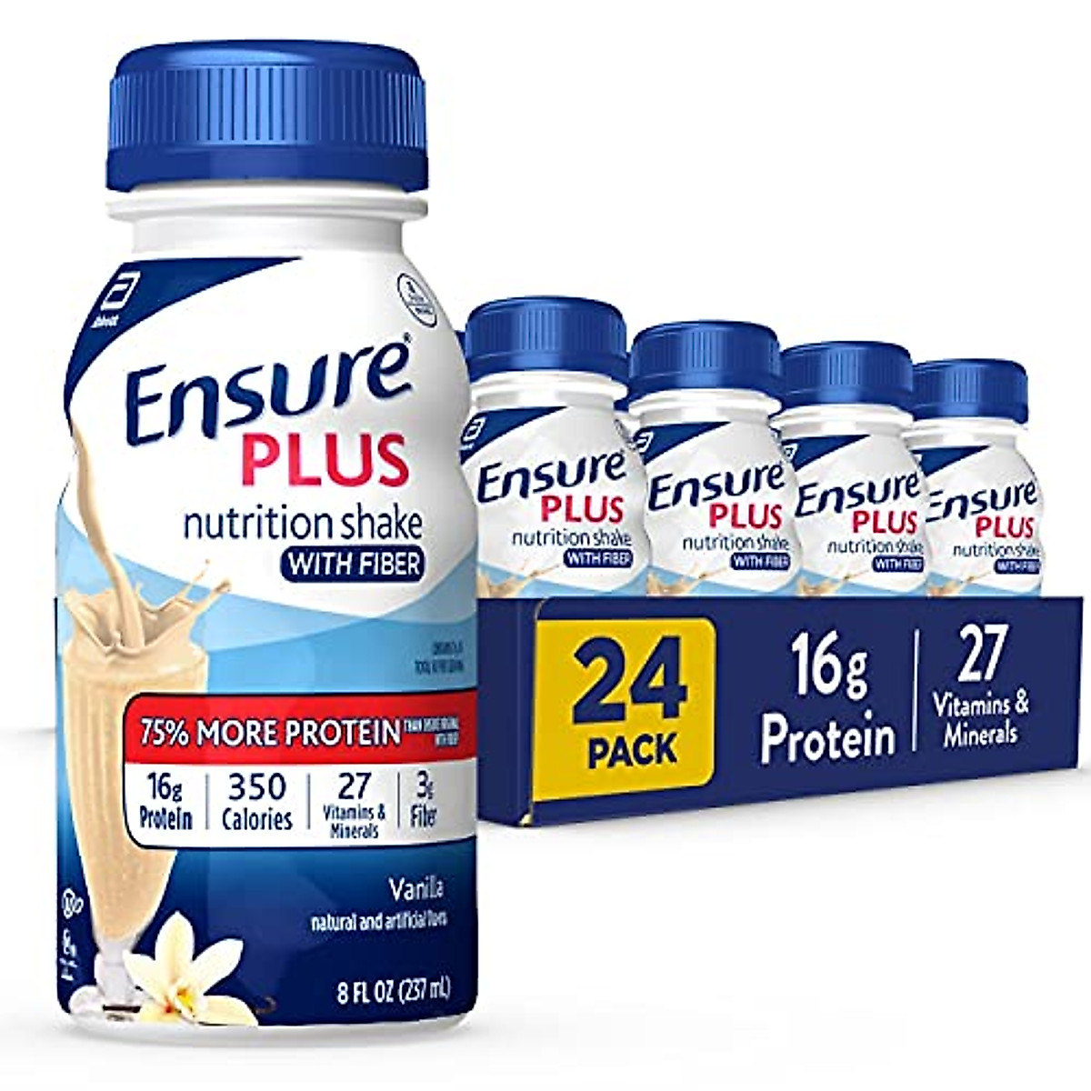 Ensure Plus Vanilla Nutrition Shake With Fiber, Meal Replacement Shake, 24 Pack