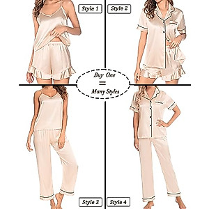 SWOMOG Womens Pajamas Satin 4 Piece Sleepwear Cami Tops And Ruffle Shorts Silk Long Pajama Pants Soft Summer Loungewear Pjs Champagne