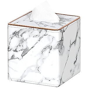GOLRANLYE Tissue Box Cover Square PU Leather Facial Tissue Box Holder for Dresser Bathroom Decor (White Marble Pattern)