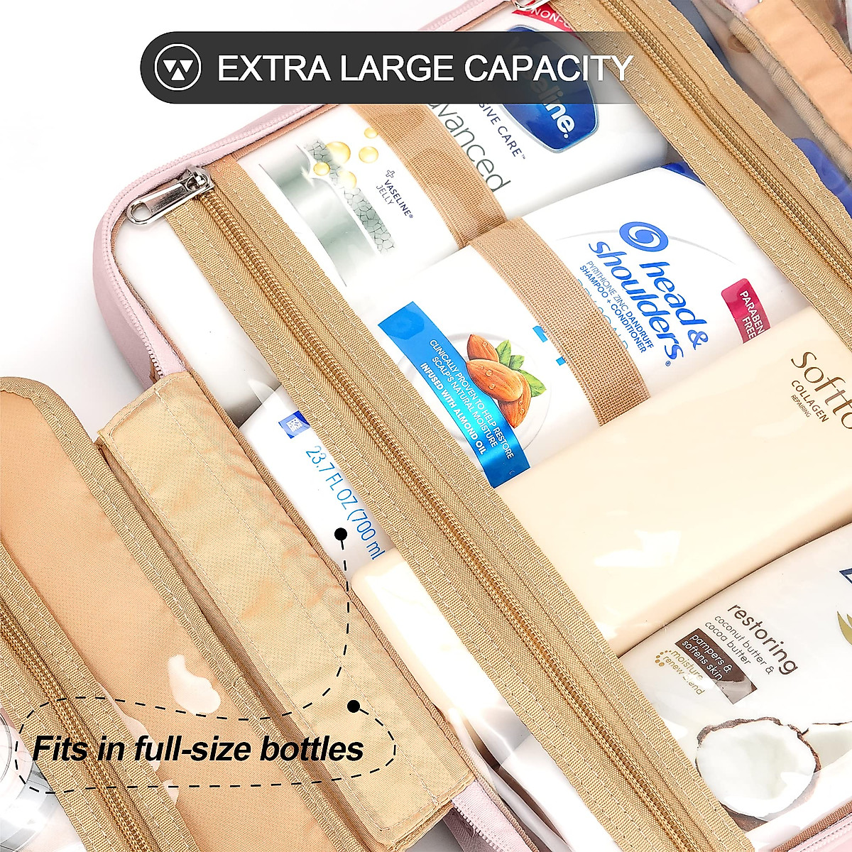 Travel Hanging Toiletry Bag for Women, Extra Large Makeup Bag, Holds Full-Size Shampoo, with Jewelry Organizer Compartment, Waterproof Cosmetic Bag, Toiletries Kit Set with Trolley Belt, Baby Pink