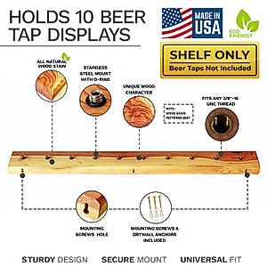 Tap Handle Holder Display Floating Shelf | Wall-Mounted Tap Handle Display Shelf Constructed from Reclaimed Redwood | Beer Tap Holder for 10 Tap Faucet Handles | Made in USA (10 Tap Handles)