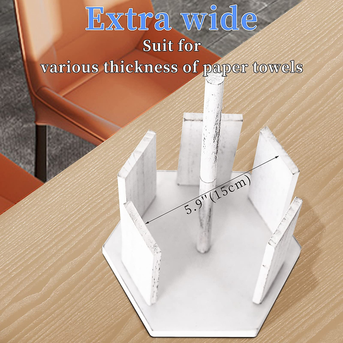 ScarFio Paper Towel Holder Stand with Heavy Duty Wood Base, White Farmhouse Standing Paper Towel Roll Dispenser for Kitchen Countertop fits Standard and Jumbo Size Paper Towels,Kitchen Paper Rack