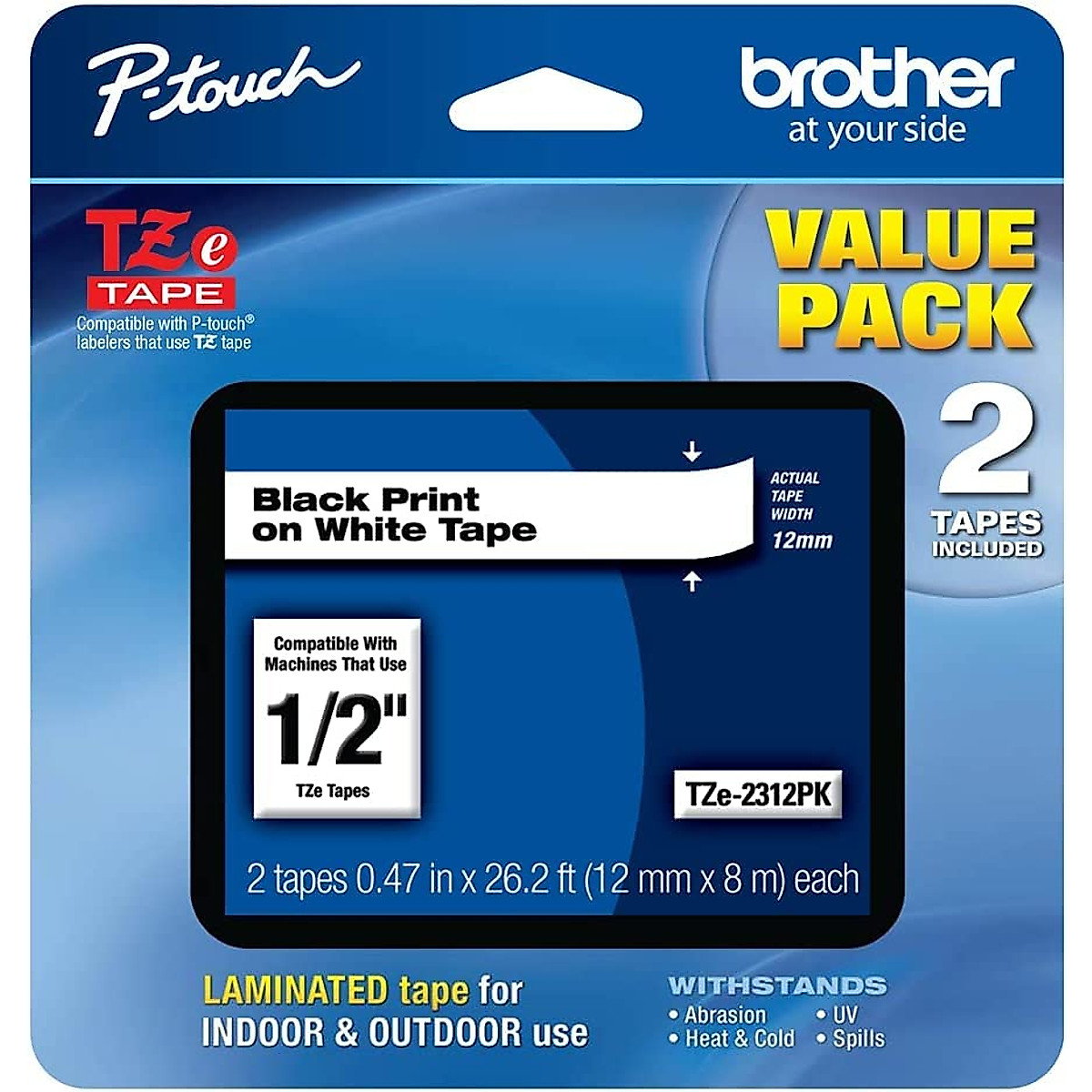 Genuine OEM brand name Brother TZeTape Black on White for PT200 1/2" 26' (2 Pack) TZE2312PK by Brother