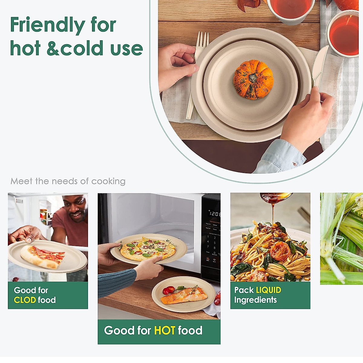 Gezond Compostable Paper Plates Set 300 Pieces Disposable Plates 10-inch Eco-friendly Paper Plates Heavy-duty Utensils and Napkins for Party, Made From Sugarcane Pulp