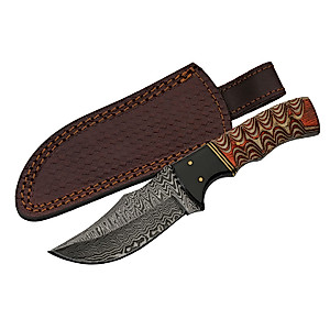 Szco Supplies 8" Horn/Twisted Wood Handle Damascus Steel Upsweep Skinning Knife With Sheath