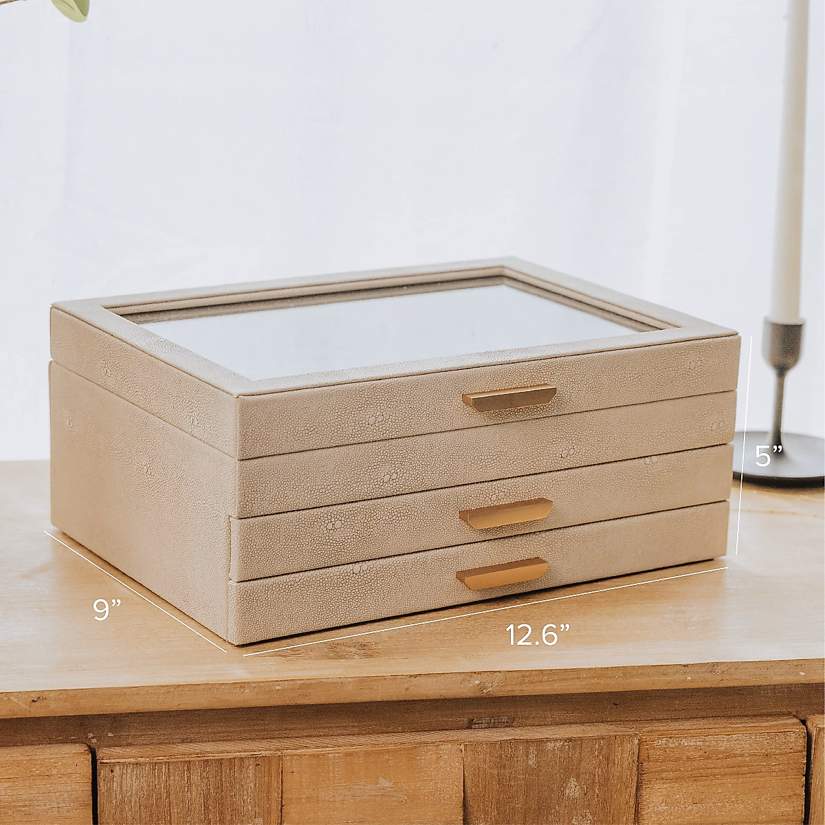 CASE ELEGANCE Large 3 Tier Jewelry Box, Storage Case Organizer for Women Girls Wife, Glass Lid for Earrings Bracelets Rings Necklaces, Shagreen Vegan Leather, Velvet Lined Jewelry Box, Brass Hardware