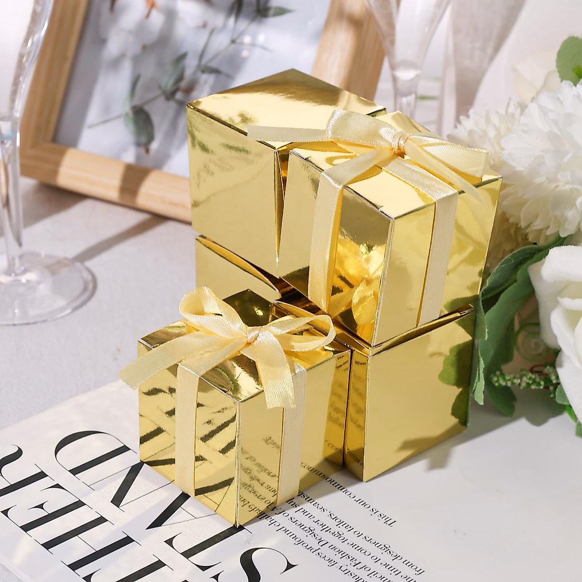 VGOODALL 50PCS Mini Gift Boxes, Candy Treat Boxes Tiny Cardboard Boxes Favor Boxes with Ribbon for Bridal Shower Birthday Party Gold