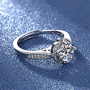 T Brand Platinum Plated Round CZ Solitaire Accent Wedding Promise Ring Flower Design Adjustable Bridal Rings for Women Y1212,Silver