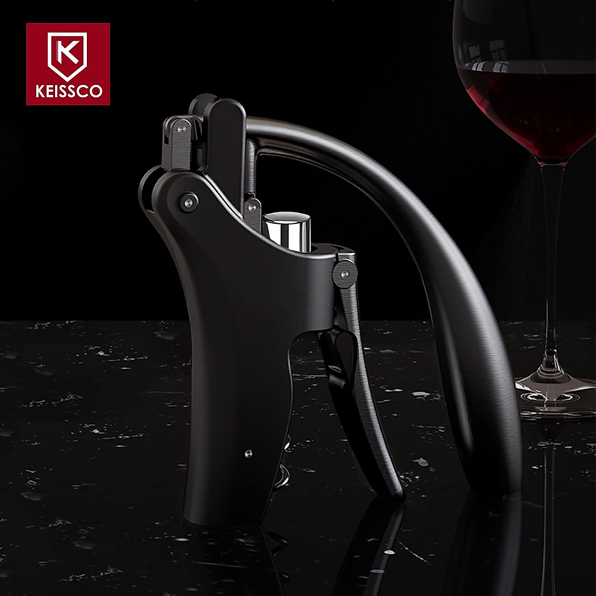 KEISSCO Compact Wine opener Vertical Lever Corkscrew Wine Bottle Opener with Foil Cutter & Extra Screw