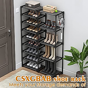 CSXGBAB Tall Shoe Rack, Garage Shoe Rack Large Capacity, Large Shoe Rack Two Rows Versatile Hooks, Shoe Rack Organizer, Big Shoe Rack Organizer Storage Boot Rack Shelf Black 24-35 Pairs