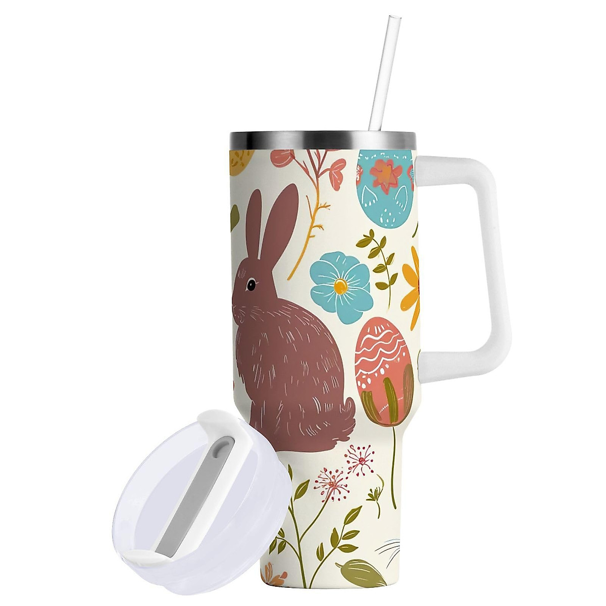 RPLIFE Easter with Bunnies and Flowers 40oz Tumbler with Handle, Stainless Steel Tumbler with Straw, Tumblers for Women