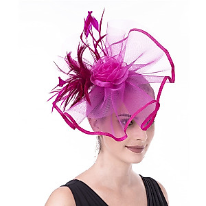 Lucky Leaf Girl Lady Hat Headwear Organza Church Feather Clip Fascinators Hat Wedding Party Kentucky Derby Cap for Women(L-Flowers-Fuschia)