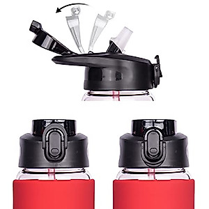 Justfwater 32 oz Borosilicate Glass Water Bottle with Straw Reusable Glass Drinking Bottle with Flip Top Lid and Silicone Sleeve (Red)