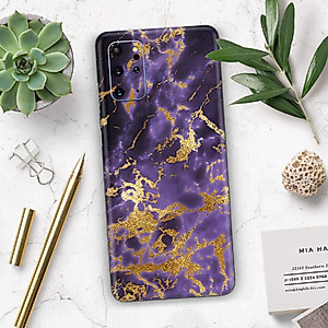 DesignSkinz Purple Marble & Digital Gold Foil V4 Protective Vinyl Decal Wrap Skin Cover Compatible with The Samsung Galaxy S20 (Screen Trim & Back Glass Skin)