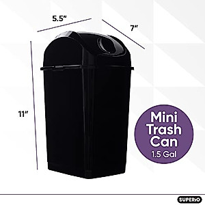 Superio Mini Plastic Trash Can with Swing Top Lid 1.25 Gallon Compact Small Waste Bin Portable Garbage Can for Countertop, Desktop, Make up Vanity, Bathroom, Car, Under Sink, Dorm, 5 Quart (Black, 2)