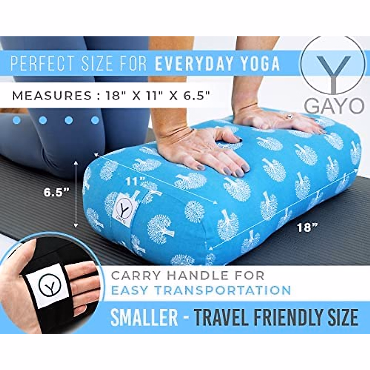 GAYO Yoga Bolster for Restorative Yoga- Made with 100% Cotton, Yoga Pillow Set includes Extra Washable Cover and Carry Bag, 18 x 11 x 6.5 inches