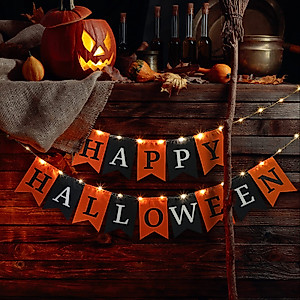 Happy Halloween Banner Halloween Decoration Fabric Banner Garland with String Light for Fireplace Decorative Halloween Black Orange Banner Halloween Flag Party Mantel Hanging Decoration Supplies