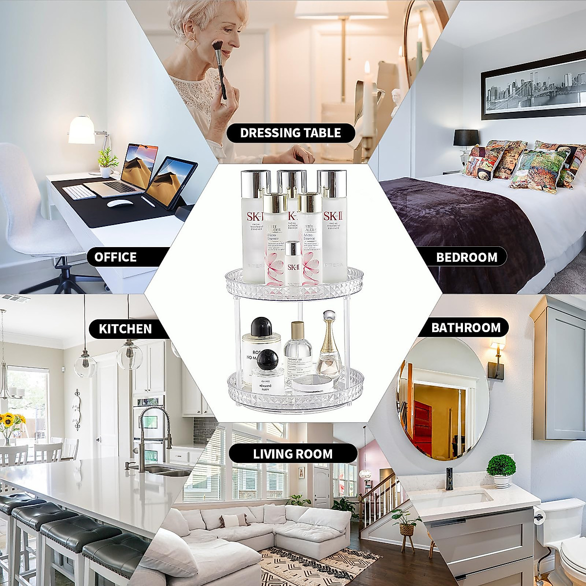 KSDSOAM Makeup Organizer, Rotating Diamond Lazy Susan Cosmetic Storage Organizer, Acrylic Spice Rack for Kitchen Bathroom Dresser (2 Tier)