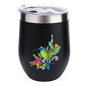 Hon-Lally Hummingbird Flower Pattern 12 oz Stainless Steel Wine Tumbler with Lid Mug Cup Double Wall for Coffee, Cocktail, Drink, Tea and Beer - black-style