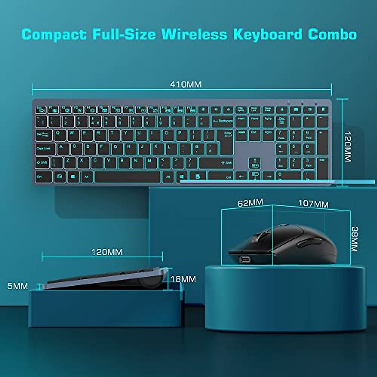 Wireless Keyboard and Mouse Combo Rechargeable, Full Size Wireless Keyboard with Backlit, 2.4G Silent USB Wireless Keyboard Mouse Combo [with USB C Adapter] for Windows, Mac OS Desktop/Laptop/PC