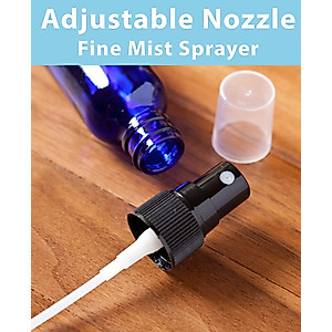 JUVITUS 1 oz Cobalt Blue Glass Boston Round Bottle with Black Fine Mist Spray (12 Pack) + Funnel