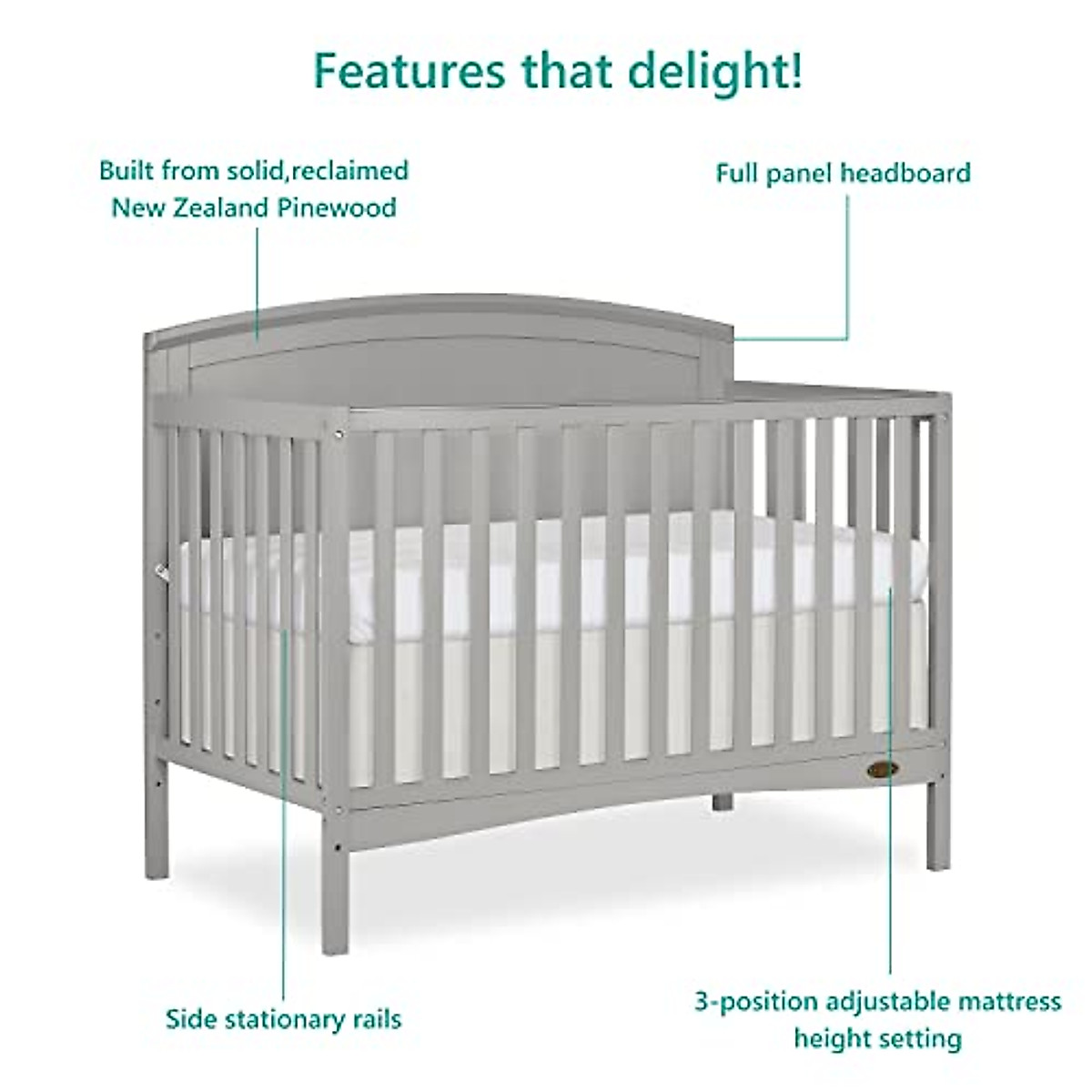 Dream On Me Eden 5-in-1 Convertible Full Panel Crib in Pebble Grey, JPMA Certified, Non-Toxic Finishes, Features 3 Mattress Height Settings, Constructed of Solid Pinewood