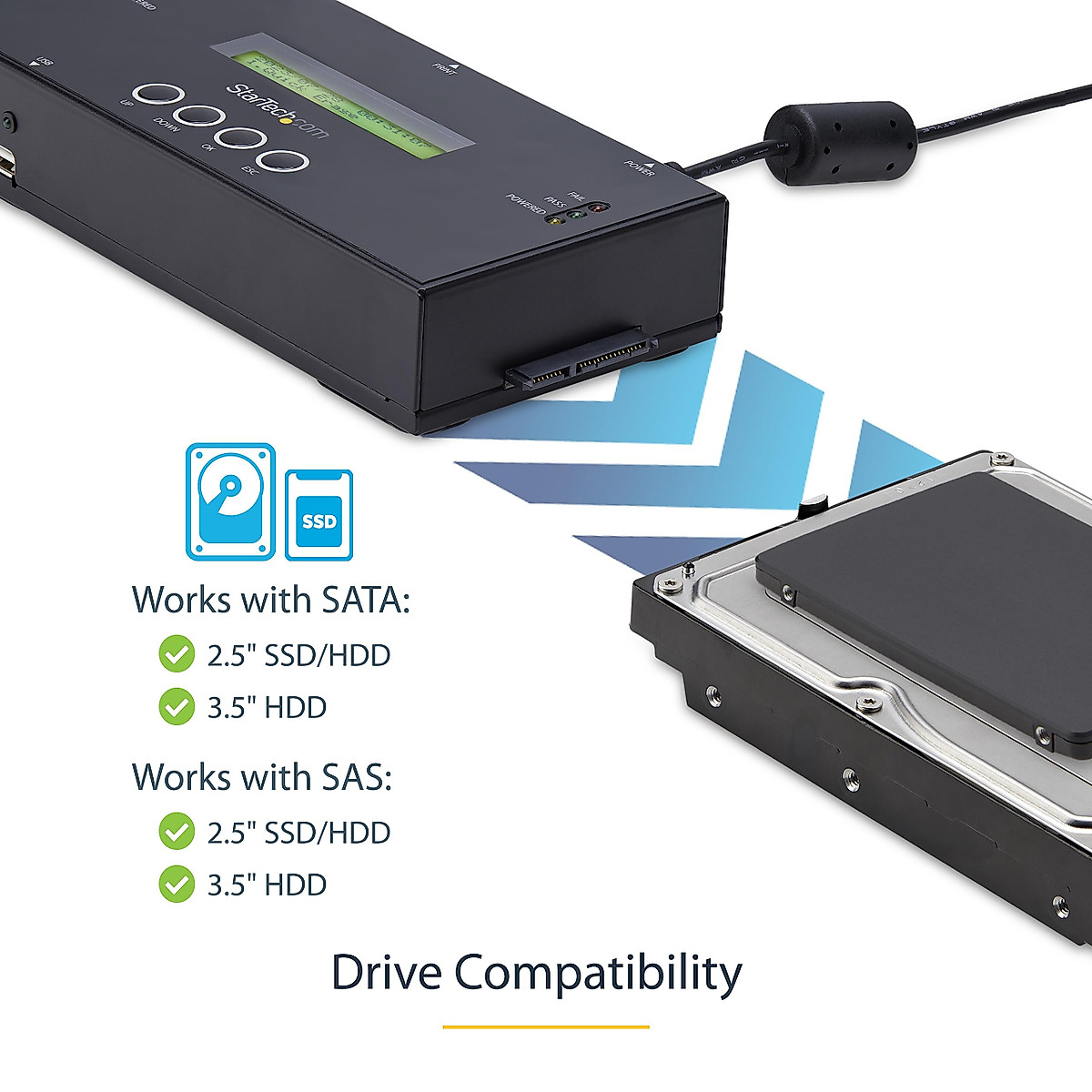 StarTech.com 1:1 Standalone Hard Drive Duplicator and Eraser, SAS/SATA HDD/SSD Cloner/Copier, Hard Drive Duplicator/Sanitizer, Harddisk/Harddrive Wiper, LCD, Toolless, TAA Compliant (SATSASDUPE11)