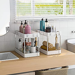 2 Pack Under Sink Organizer And Storage, 2 Tier Bathroom Cabinet Storage Rack with 12 Hooks,Multi-purpose Organizer And Storage For Kitchen Countertop Bathroom Cabinet (White)