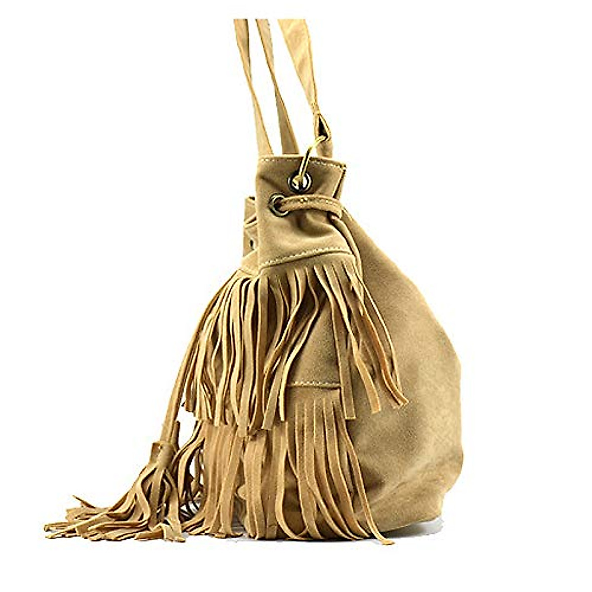 Heidi Women's Fringed Bucket Purse Tassel Faux Suede Shoulder Bag Ring Top-Handle Crossbody Bag Apricot