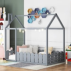 BIADNBZ Twin Size House-Shaped Bed Frame with Fence and Roof, Wooden Floor Platform Bedframe for Kids Girls Boys Bedroom, Gray