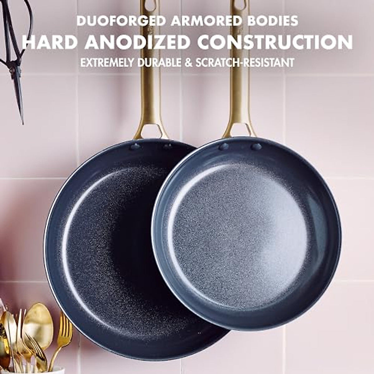 GreenPan Reserve Hard Anodized Healthy Ceramic Nonstick 8" and 10" Frying Pan Skillet Set, Gold Handle, PFAS-Free, Dishwasher Safe, Oven Safe, Black