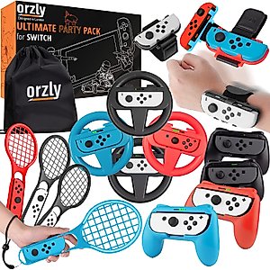 Orzly Sports Family Party Pack Accessories Bundle Designed for Nintendo Switch and OLED Console Games with Tennis Badminton Rackets, Controller Grips, Wheels & Wrist Dance Bands - with Carry Sack