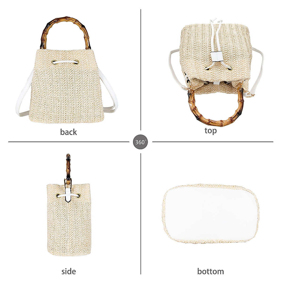 Hirooms Women Beach Bag Summer Straw Woven Shoulder Bag Tote Bag Crossbody Bucket Handbags Handmade Hobo Purse Bamboo Handle (White)