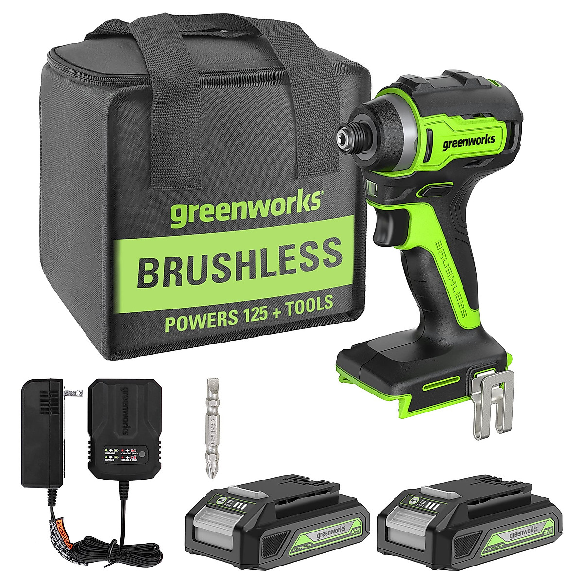 Greenworks 24V Brushless 1/4" Cordless Impact Driver, (2) 2.0Ah Batteries, Compact Charger, and Bag Included