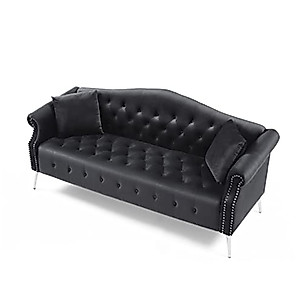 LIADTOP, 78.7" Classic Chesterfield Velvet Sofa Contemporary Upholstered Couch with Button Tufted and Rolled Arms, 2 Pillows Included, 3 Seater, Black